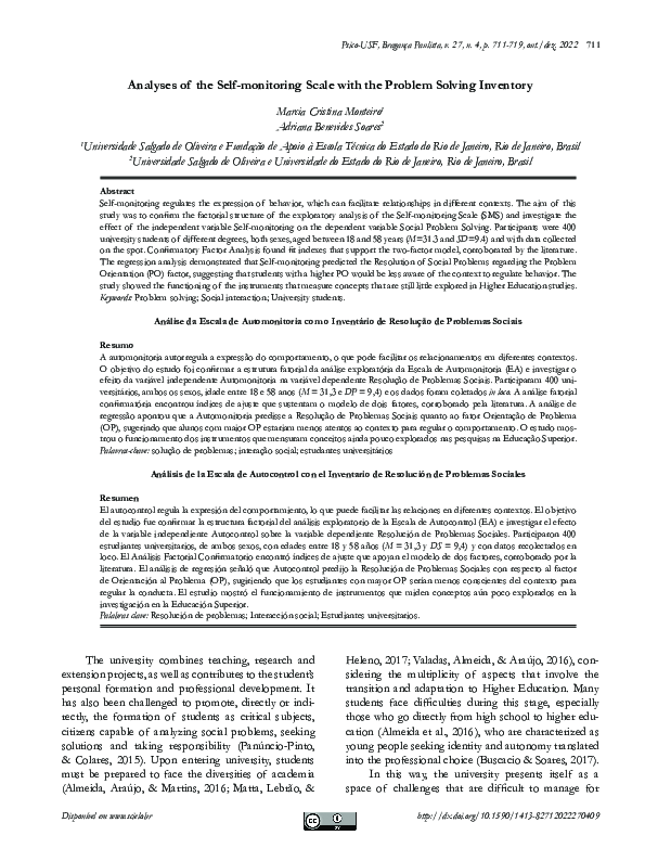 (PDF) Analyses of the Self-monitoring Scale with the Problem Solving Inventory