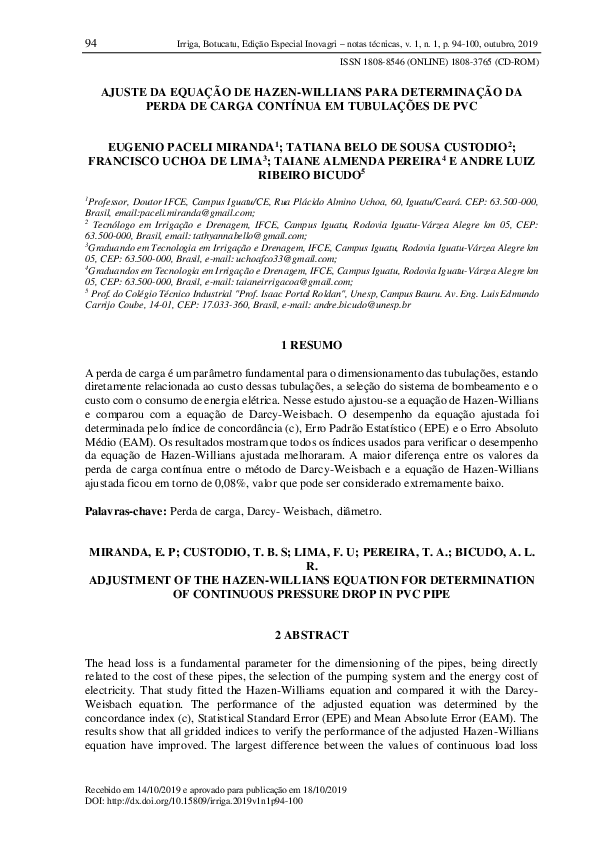 (PDF) Ajuste Da Equação De Hazen-Willians Para Determinação Da Perda De ...
