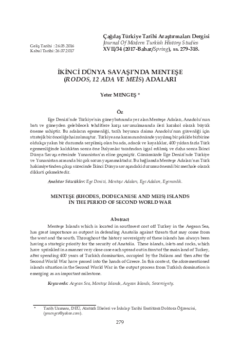 (PDF) İki̇nci̇ Dünya Savaşi’Nda Menteşe (Rodos, 12 Ada Ve Mei̇s) Adalari