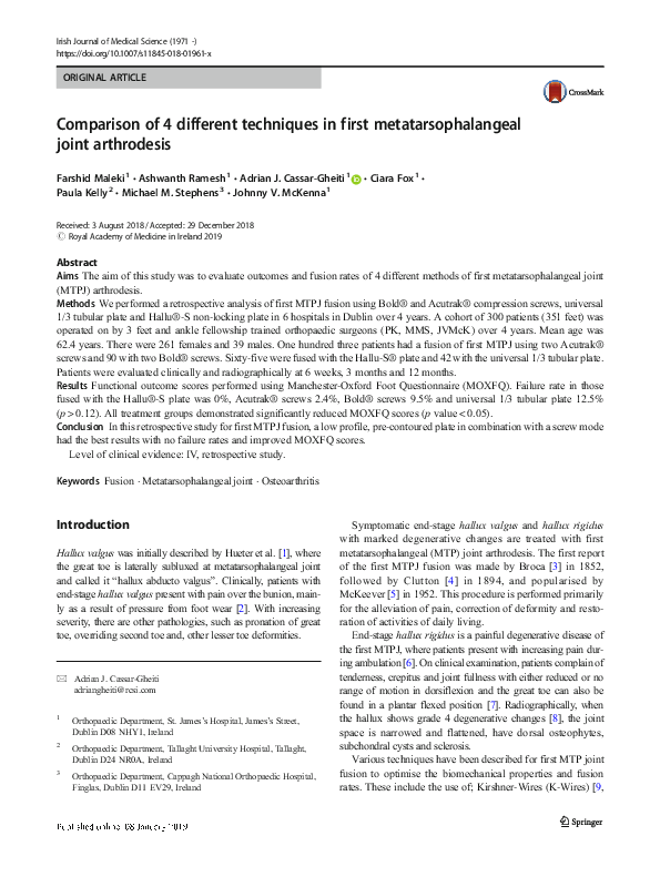 (PDF) Comparison of 4 different techniques in first metatarsophalangeal ...