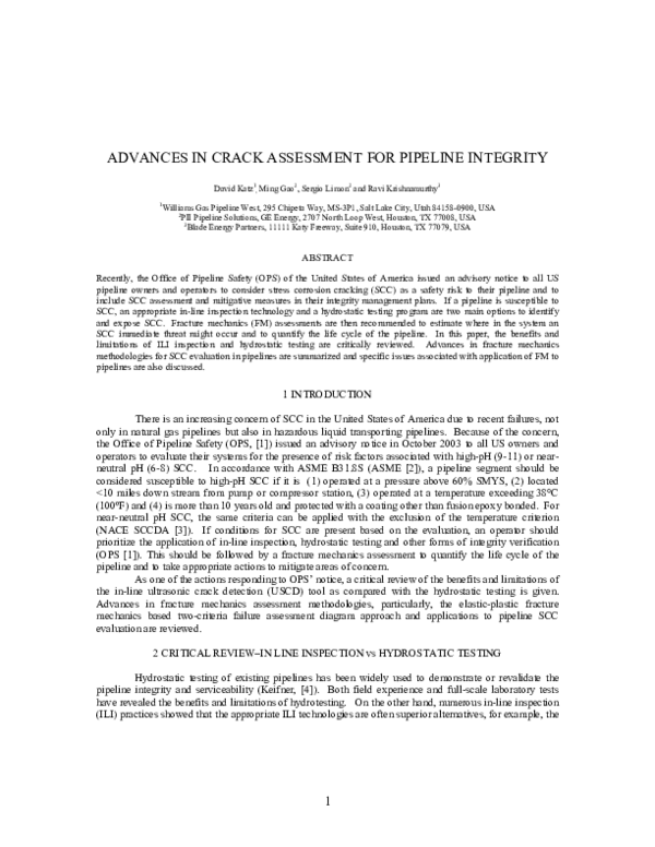 (PDF) Advances In Crack Assessment For Pipeline Integrity