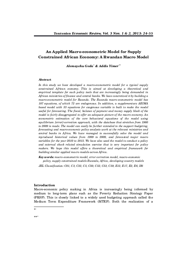 (PDF) An Applied Macro-econometric Model for Supply Constrained African Economy: A Rwandan Macro ...