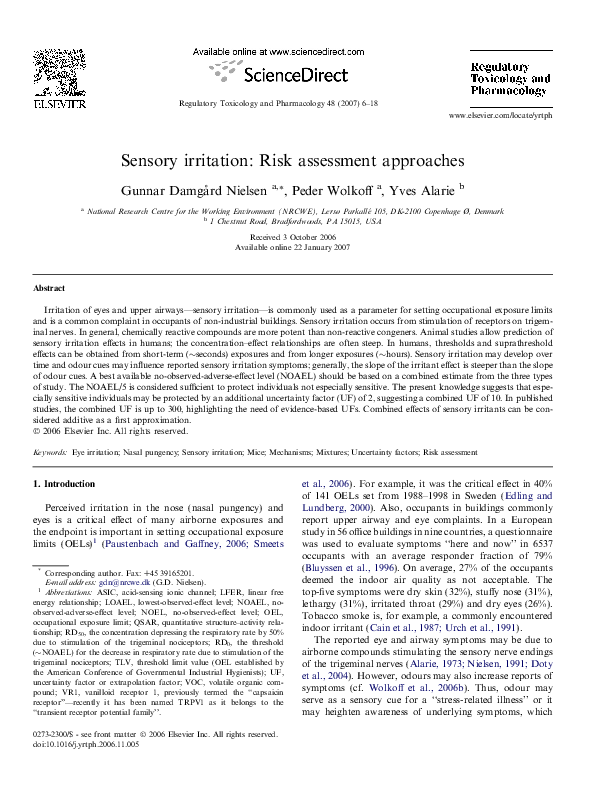 (PDF) Sensory irritation: Risk assessment approaches