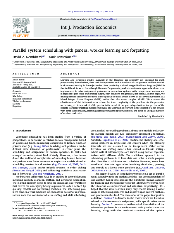 (PDF) Parallel system scheduling with general worker learning and forgetting