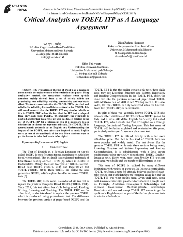 (PDF) Critical Analysis on TOEFL ITP as A Language Assessment
