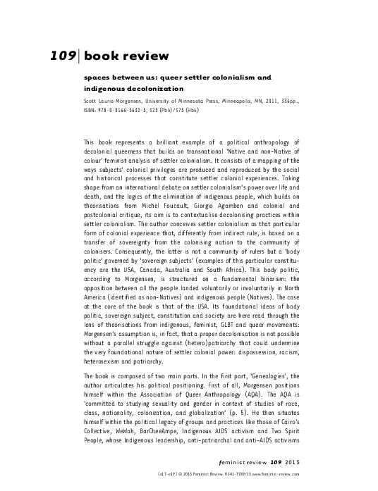 (PDF) Book Review: Spaces between Us: Queer Settler Colonialism and ...
