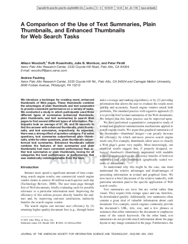 (PDF) A comparison of the use of text summaries, plain thumbnails, and enhanced thumbnails for ...