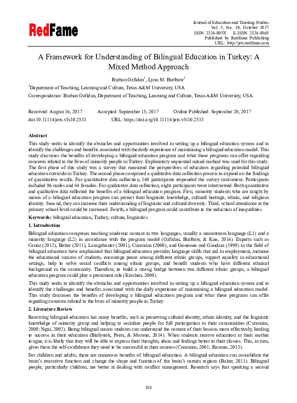 (PDF) A Framework for Understanding of Bilingual Education in Turkey: A ...