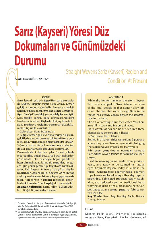 (PDF) Sarız (Kayseri) Yöresi Düz Dokumaları ve Günümüzdeki Durumu