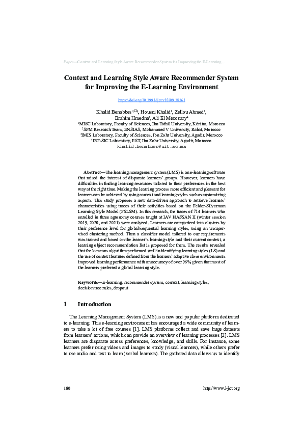 (PDF) Context and Learning Style Aware Recommender System for Improving the E-Learning Environment