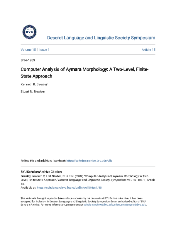 (PDF) Computer Analysis of Aymara Morphology: A Two-Level, Finite-State ...
