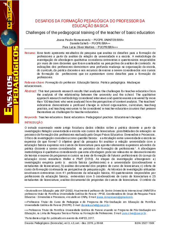Pdf Desafios Da Formação Pedagógica Do Professor Da Educação Basica