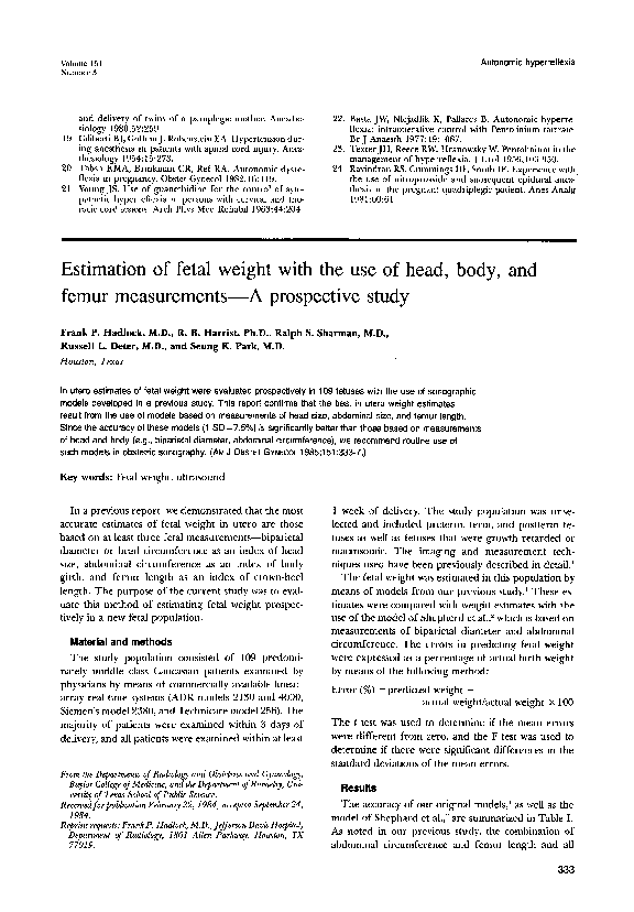 (PDF) Estimation of fetal weight with the use of head, body, and femur ...