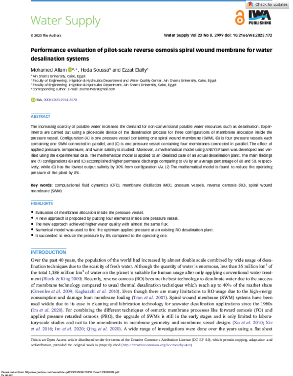 (PDF) Performance evaluation of pilot-scale reverse osmosis spiral wound membrane for water ...