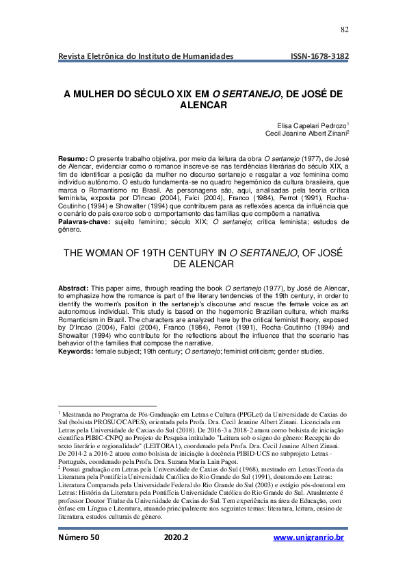 (PDF) A Mulher Do Século XIX Em "O Sertanejo", De José De Alencar