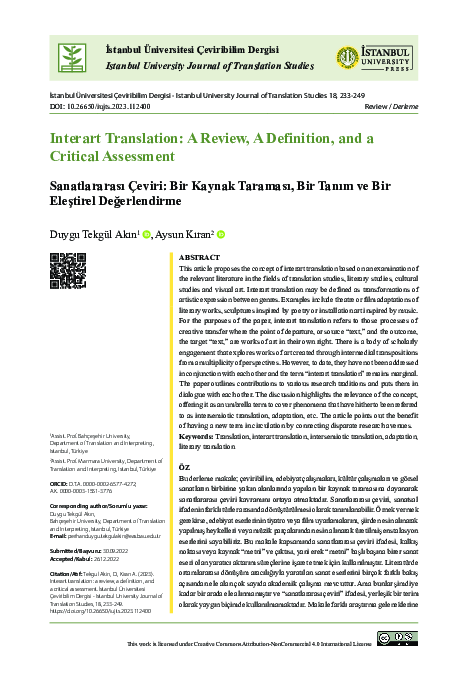 (PDF) Interart Translation: A Review, A Definition, and a Critical ...