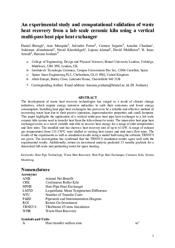 (PDF) An experimental study and computational validation of waste heat ...