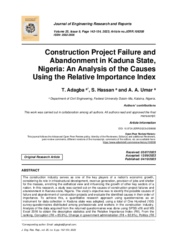 (PDF) Construction Project Failure and Abandonment in Kaduna State ...