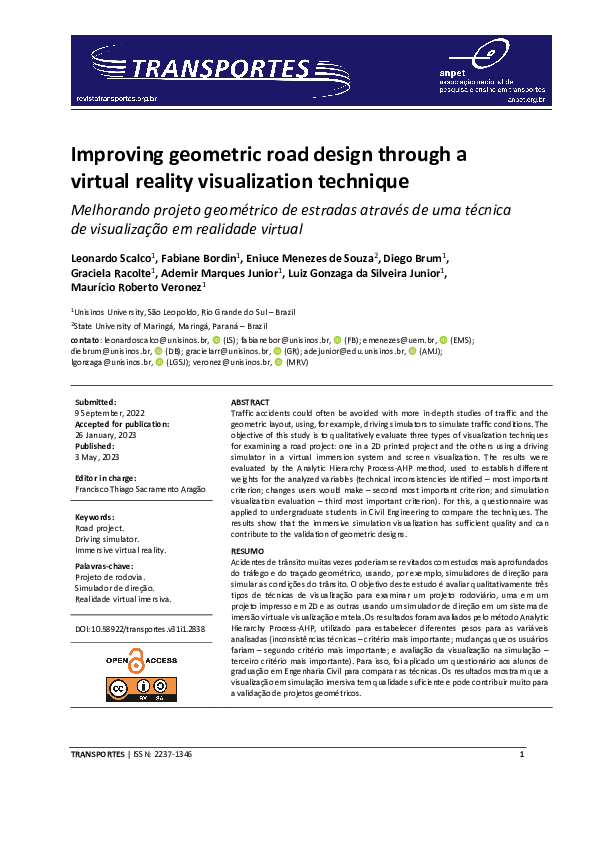 (PDF) Improving geometric road design through a virtual reality visualization technique