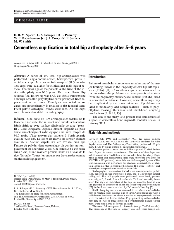(PDF) Cementless cup fixation in total hip arthroplasty after 5–8 years