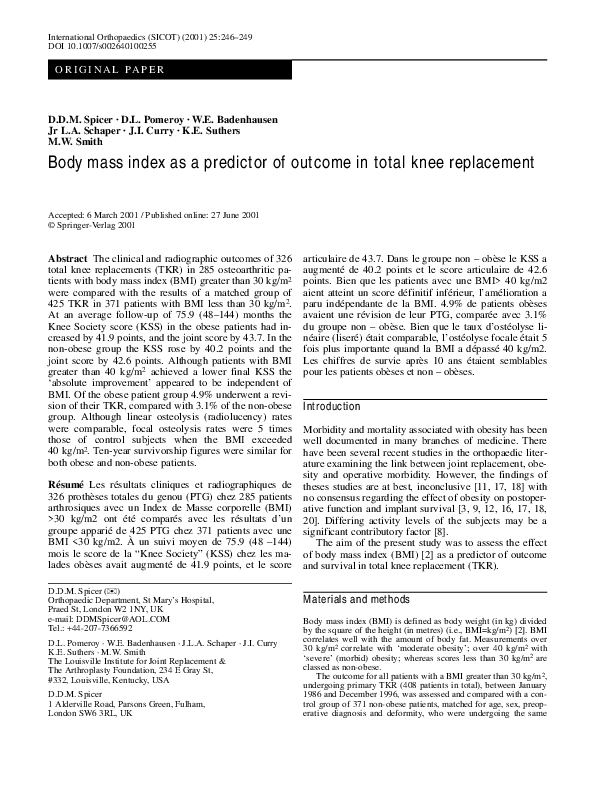 (PDF) Body mass index as a predictor of outcome in total knee replacement