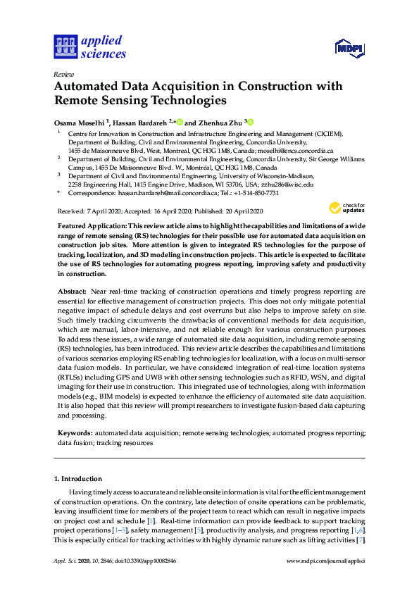 (PDF) Automated Data Acquisition in Construction with Remote Sensing Technologies | Osama ...