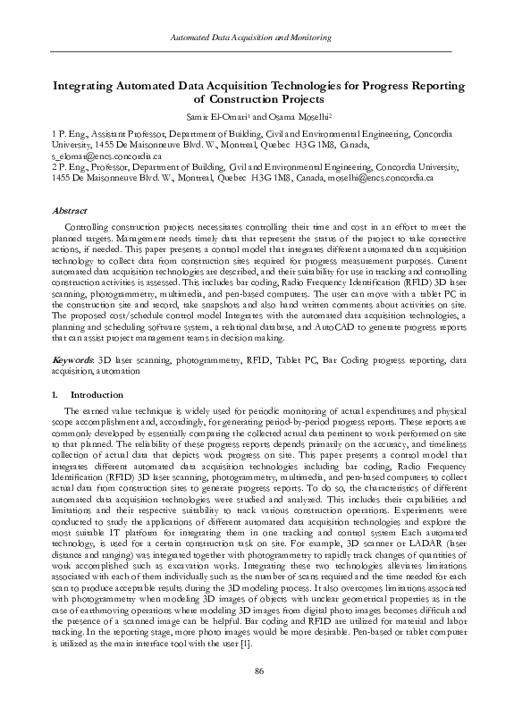 (PDF) Integrating automated data acquisition technologies for progress reporting of construction ...