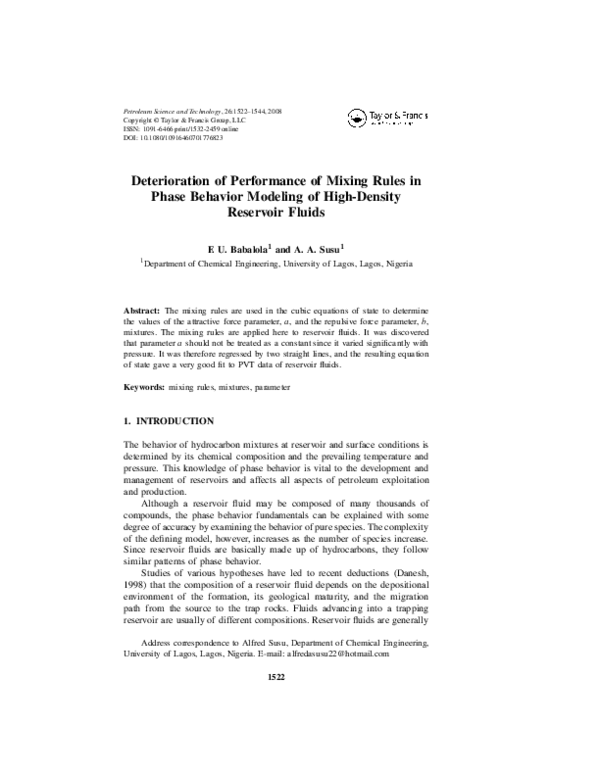 (PDF) Deterioration of Performance of Mixing Rules in Phase Behavior ...