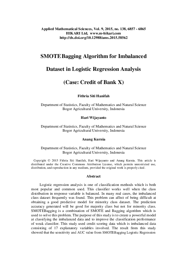 Pdf Smote Bagging Algorithm For Imbalanced Dataset In Logistic Regression Analysis Case