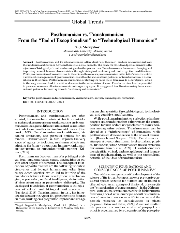 (PDF) Posthumanism vs. Transhumanism: From the “End of Exceptionalism ...