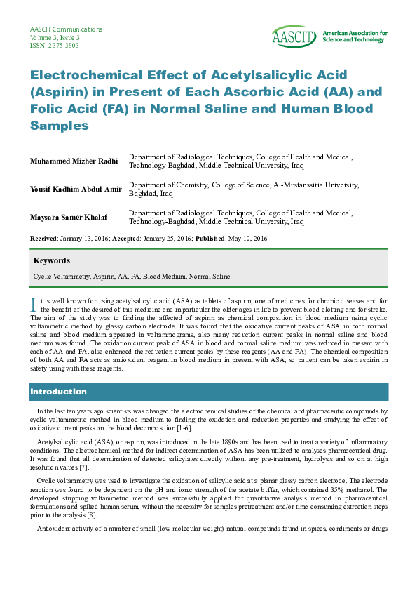 (PDF) Electrochemical Effect of Acetylsalicylic Acid ( Aspirin ) in Present of Each Ascorbic ...
