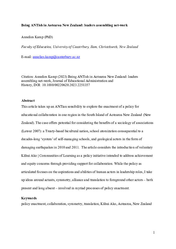 (PDF) Being ANTish in Aotearoa New Zealand: leaders assembling net-work