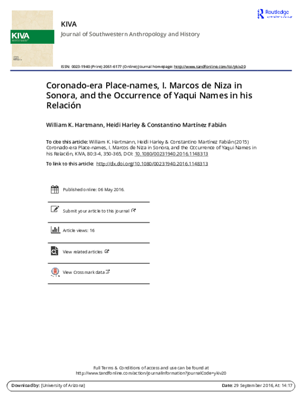 (PDF) Coronado-era Place-names, I. Marcos de Niza in Sonora, and the ...