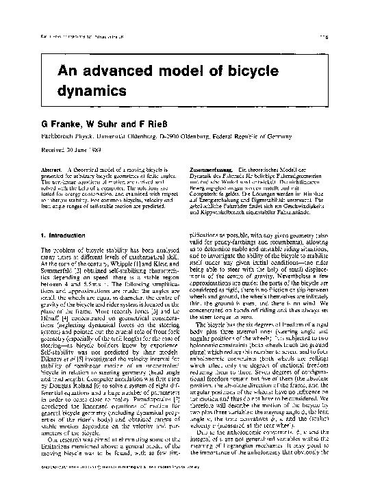 (PDF) An advanced model of bicycle dynamics