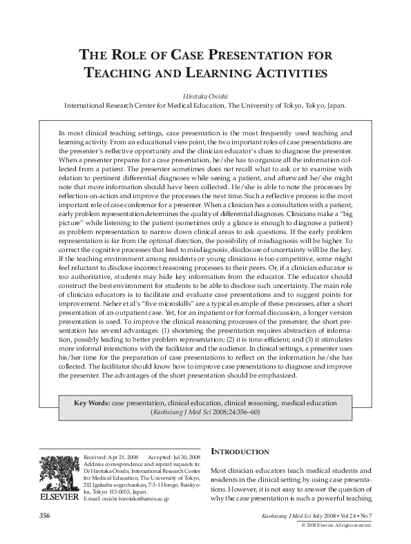 (PDF) The Role of Case Presentation for Teaching and Learning Activities