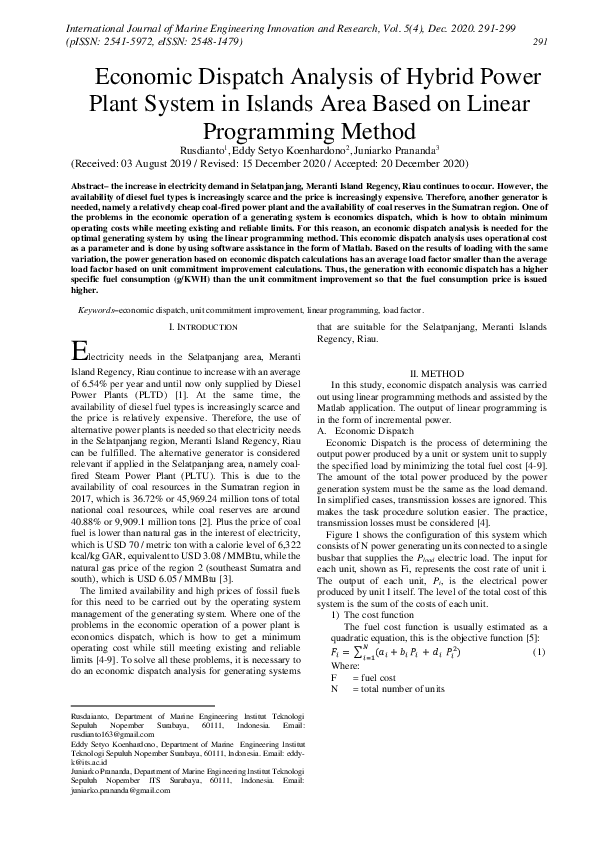 (PDF) Economic Dispatch Analysis of Hybrid Power Plant System in Islands Area Based on Linear ...