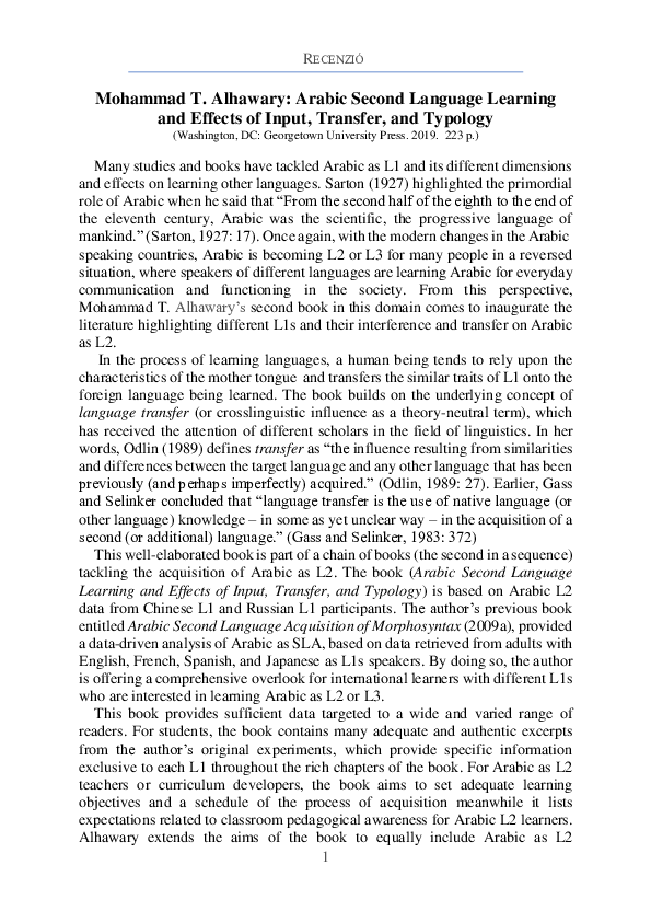 (PDF) Arabic Second Language Learning and Effects of Input, Transfer, and Typology