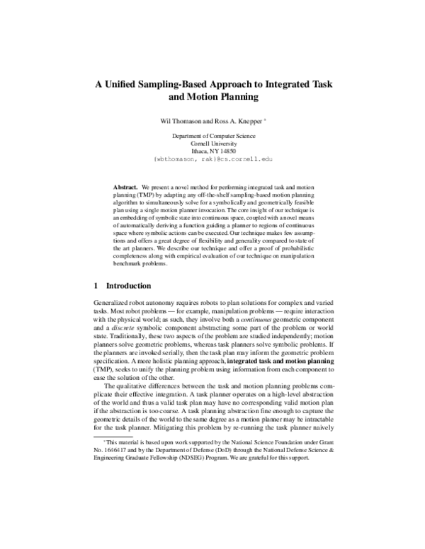 (PDF) A Unified Sampling-Based Approach to Integrated Task and Motion ... (PDF) A Unified Sampling-Based Approach to Integrated Task and Motion ...