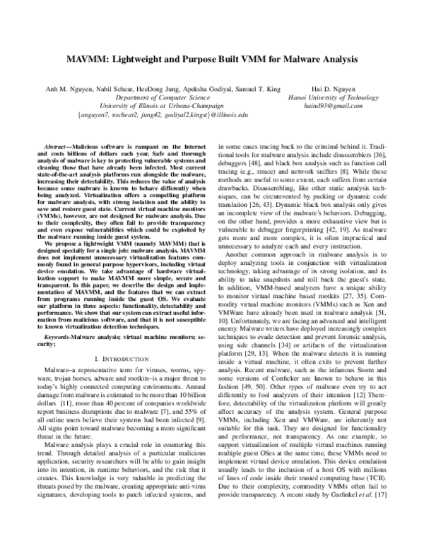 (PDF) MAVMM: Lightweight and Purpose Built VMM for Malware Analysis