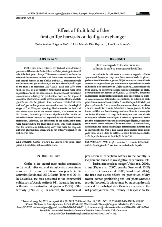 (PDF) Effect of fruit load of the first coffee harvests on leaf gas ...