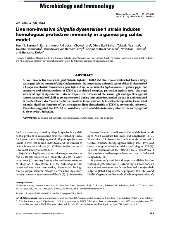 (PDF) Live non-invasive Shigella dysenteriae 1 strain induces ...