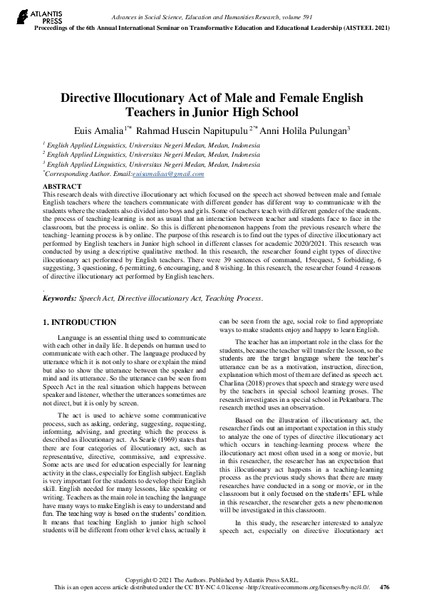 (PDF) Directive Illocutionary Act of Male and Female English Teachers ...