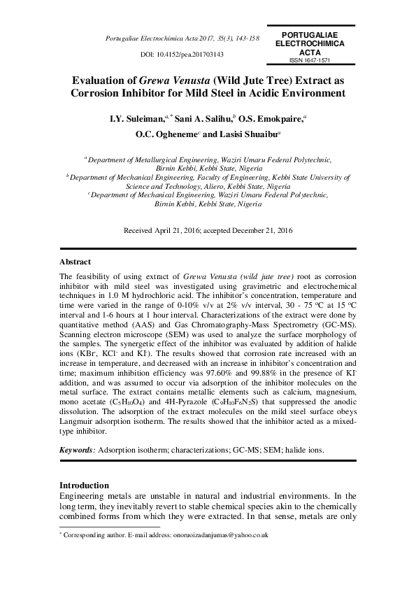 (PDF) Evaluation of Grewa Venusta (Wild Jute Tree) Extract as Corrosion ...