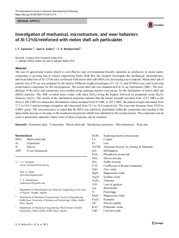 (PDF) Investigation of mechanical, microstructure, and wear behaviors of Al-12%Si/reinforced ...