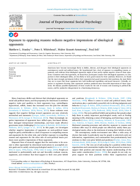 (PDF) Exposure to Opposing Reasons Reduces Negative Impressions of ...