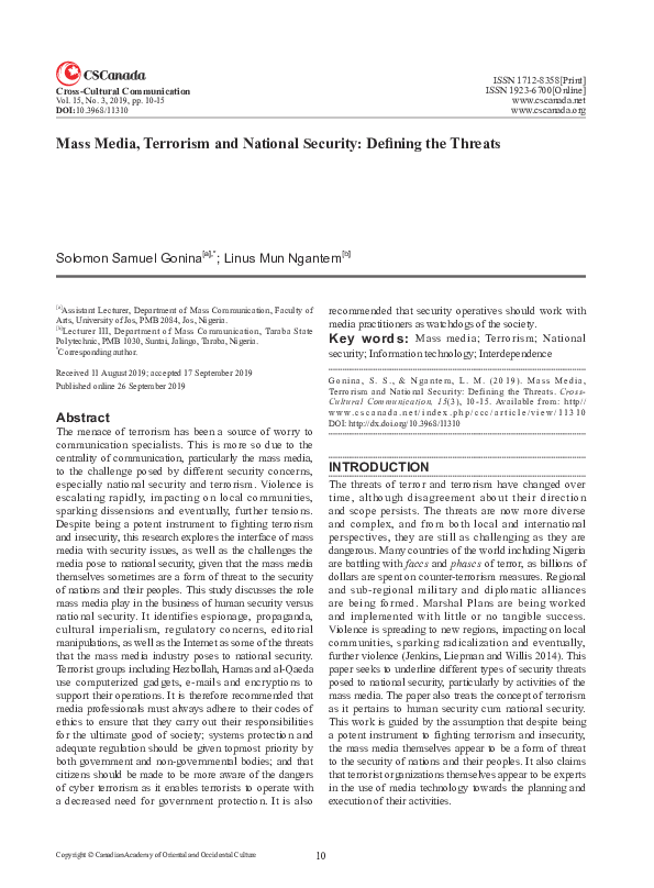 (PDF) Mass Media, Terrorism and National Security: Defining the Threats