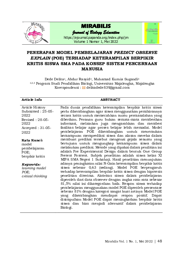 (PDF) Penerapan Model Pembelajaran Predict Observe Explain (Poe) Terhadap Keterampilan Berpikir ...