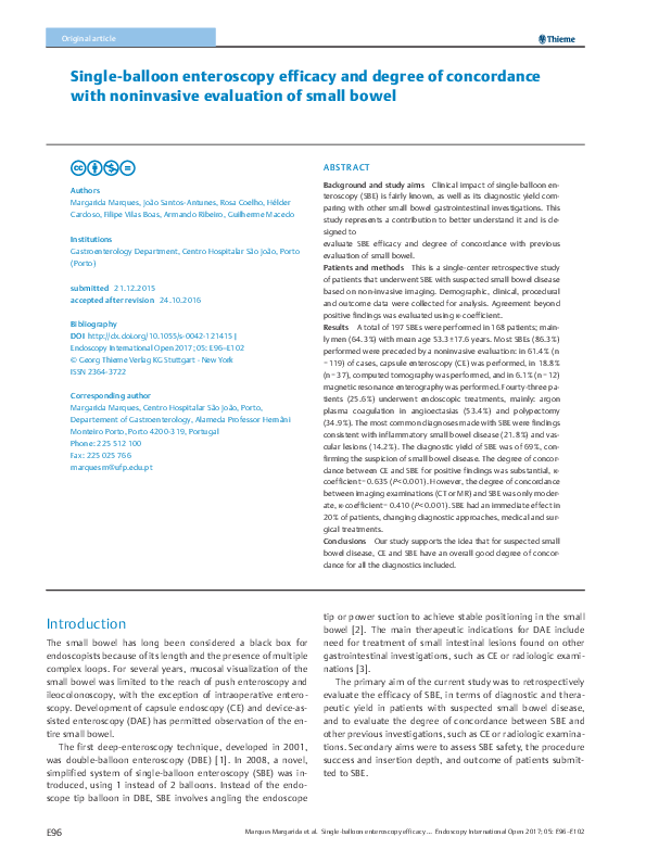 (PDF) Single-balloon enteroscopy efficacy and degree of concordance ...