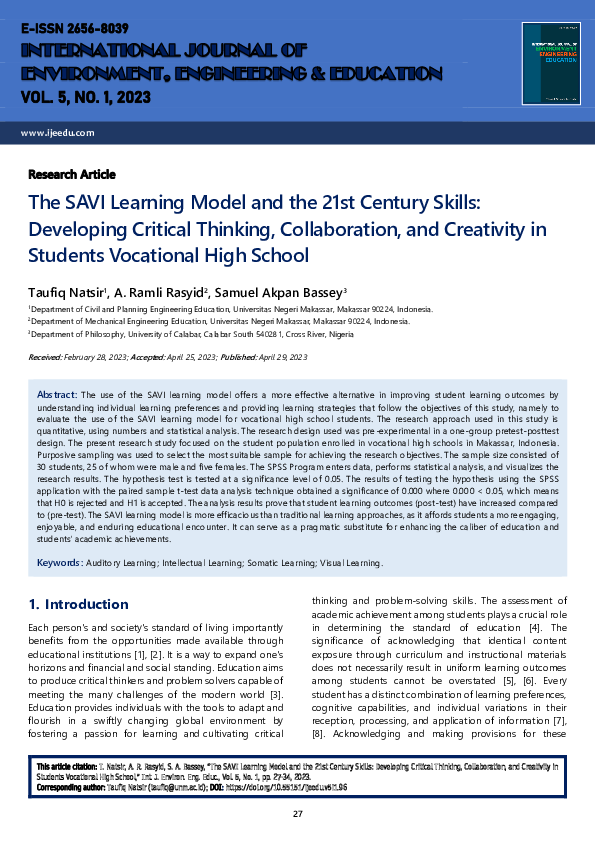 (PDF) The SAVI Learning Model and the 21st Century Skills: Developing ...
