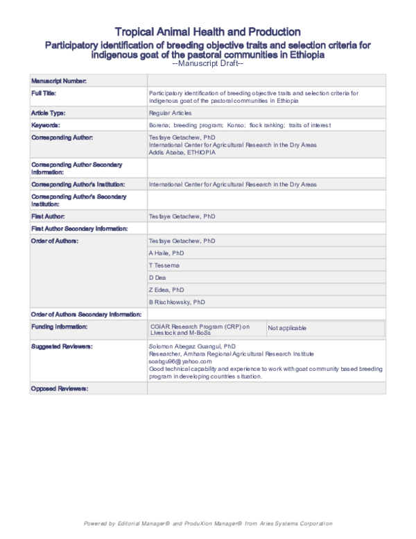 (PDF) Participatory identification of breeding objective traits and selection criteria for ...